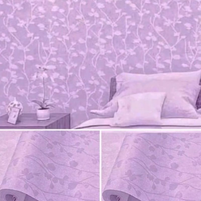 Jual Wallpaper Dinding Wallpaper Sticker Dinding Warna Ungu Polos Bertekstur Salur Daun Cantik