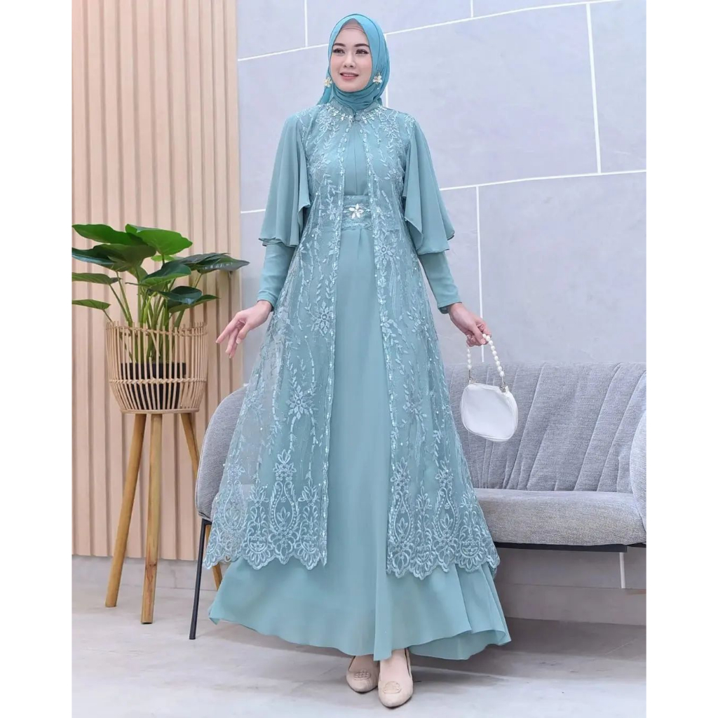 Jual Dress Outer Brukat Pesta Terbaru 2024 Green Sage Gamis Clarisa By Ghina Set Inner + Outer ...
