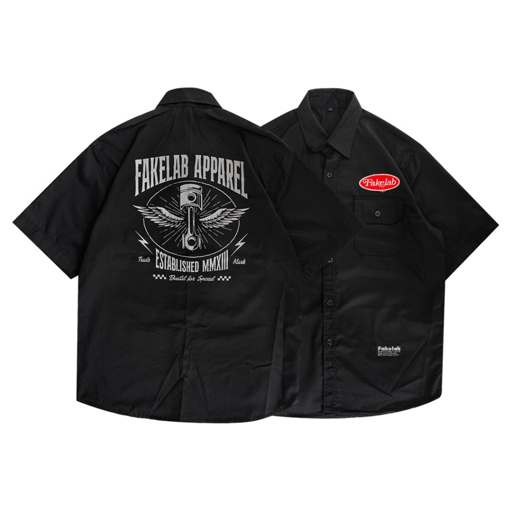 Jual Fakelab Workshirt Black Piston / Short Shirt Casual / Kemeja ...