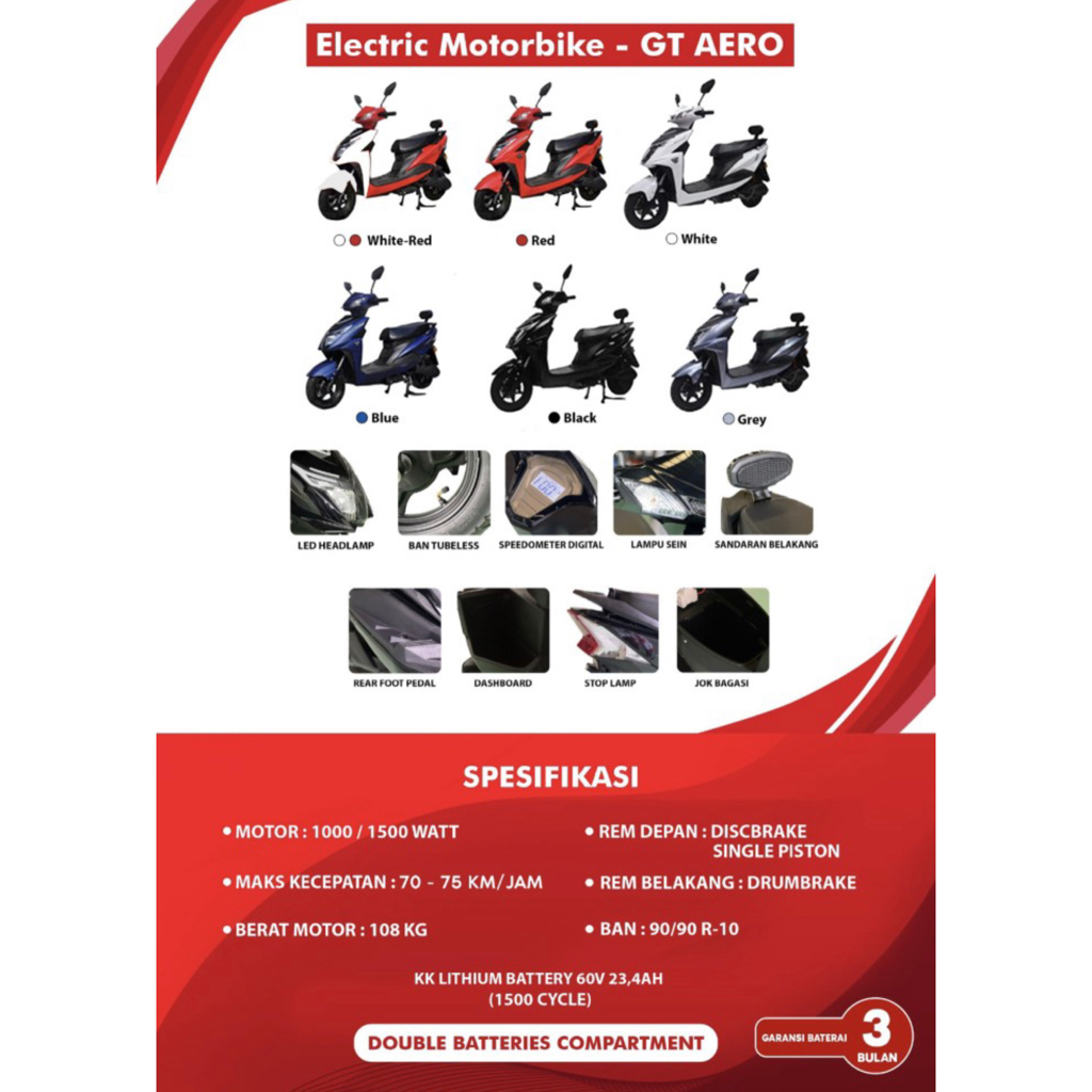Jual Green Tech Motor Listrik - GT Aero - Puti-Merah | Shopee Indonesia