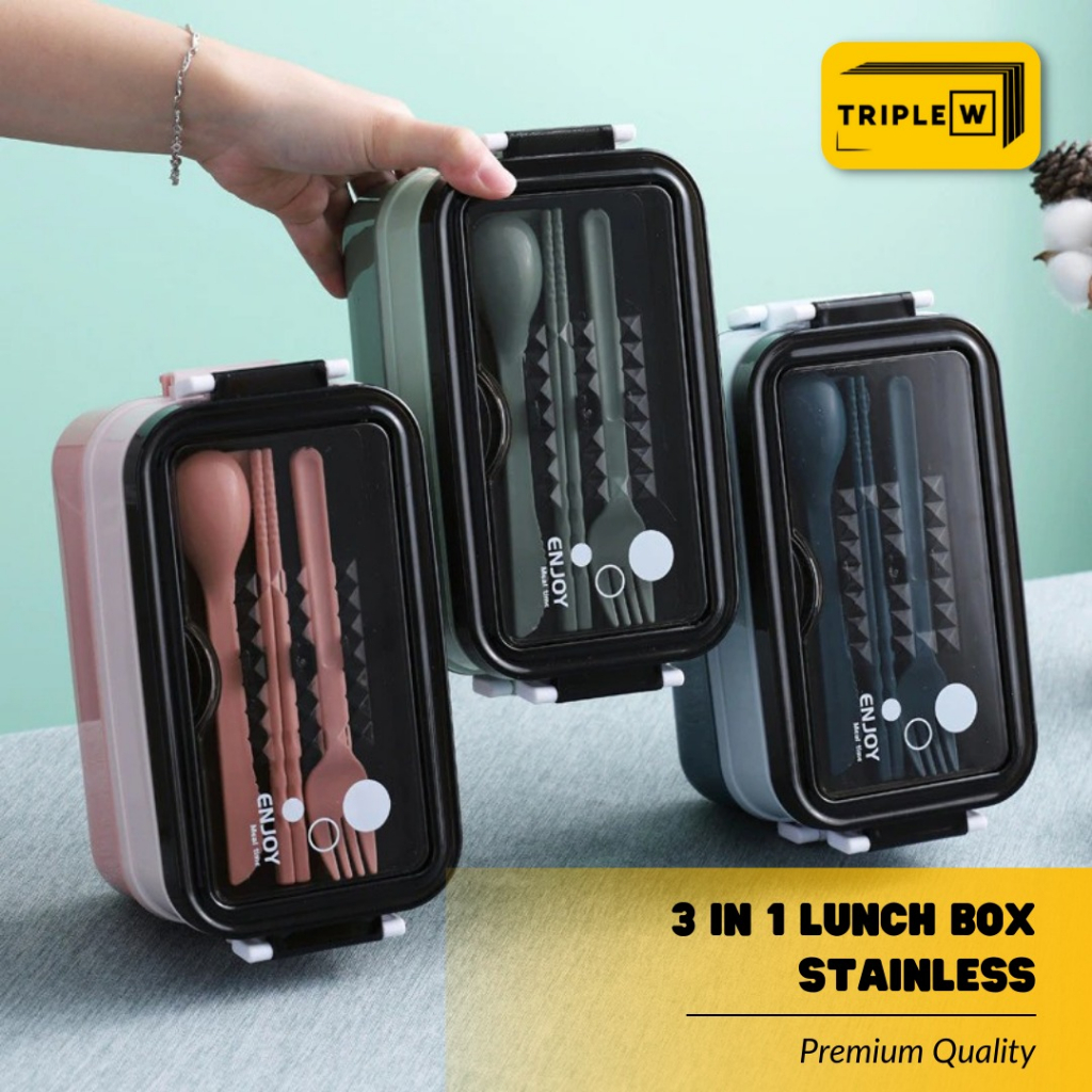 Jual Triple W 3in1 Lunch Box Stainless Kotak Bekal Makan Sendok Garpu ...