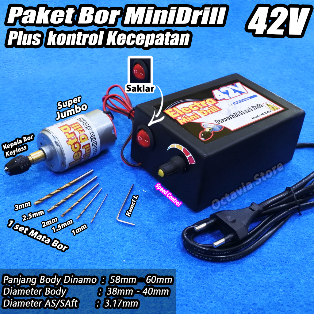 Jual Paket Bor Mini Drill DC 42V SUPER Plus Speed kontrol Dan tombol ON ...