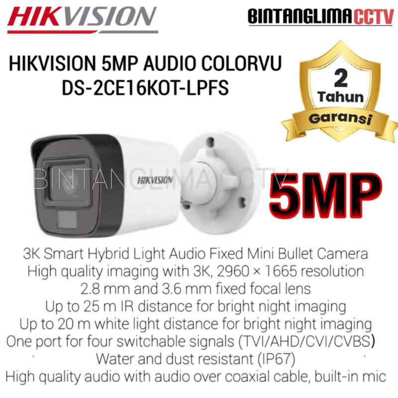 Jual KAMERA CCTV OUTDOOR 5MP AUDIO COLORVU HIKVISION DS-2CE16K0T-LPFS | Shopee Indonesia