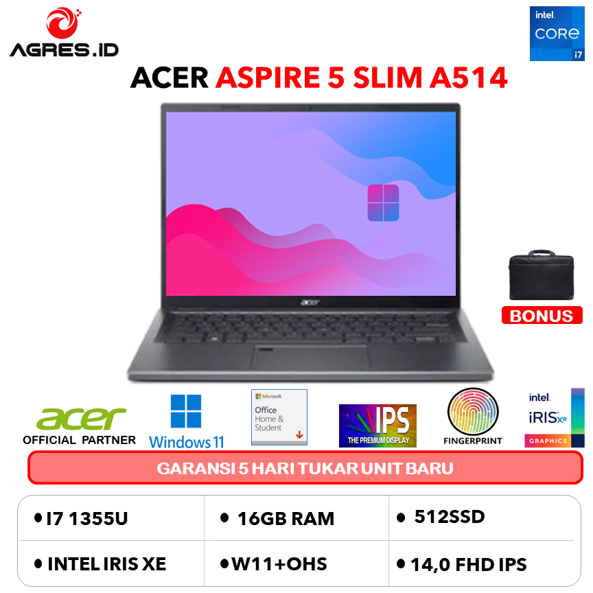 Jual ACER ASPIRE 5 SLIM A514 I7 1355 16GB 512GB W11PRO+OHS 14.0FHD IPS THUNDERB BLIT FP 1/3/0 ...