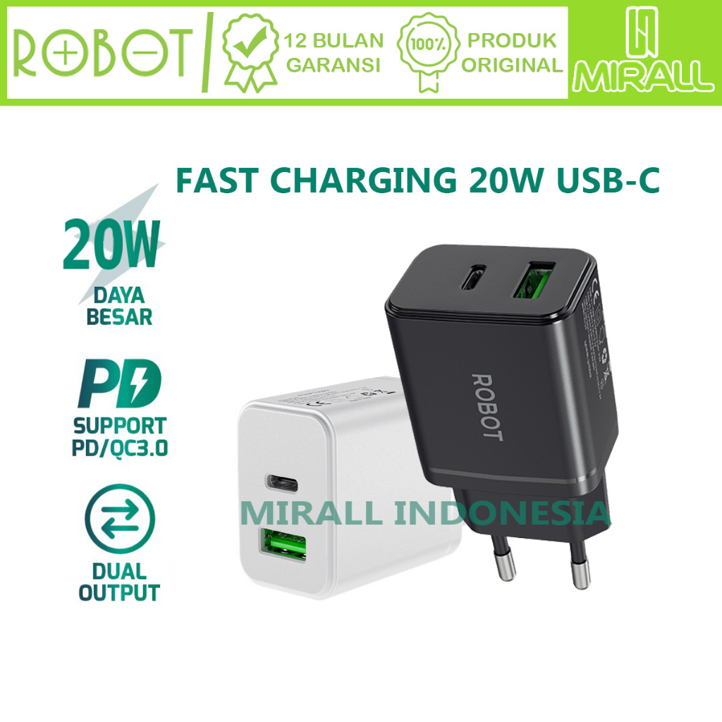 Jual Robot RT-F5 Travel Adaptor Charger 20W Dual Port USB-C Fast ...