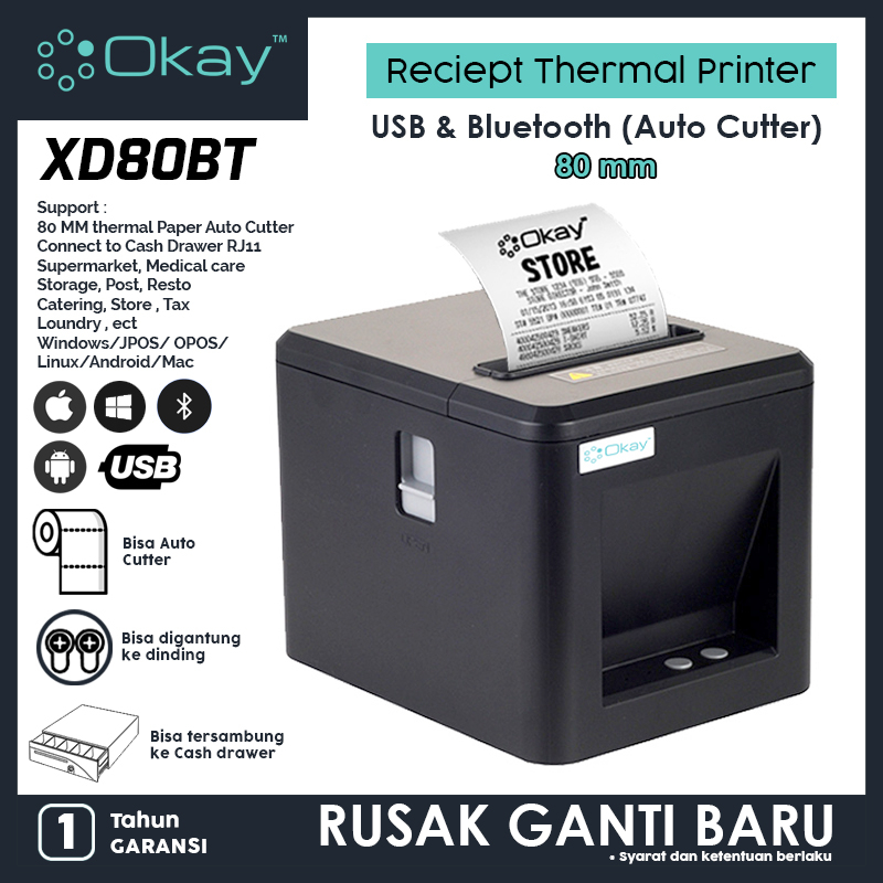Jual Printer bluetooth Thermal 80mm Reciept Pos PPOB Kasir OKAY-XD80BT ...