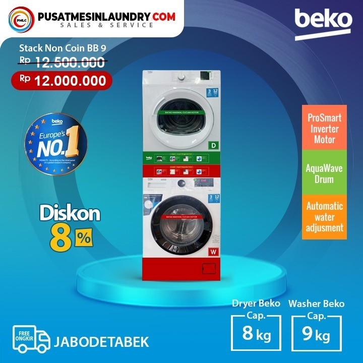 Jual Beko Set Stack Mesin Cuci 9kg dan Mesin Pengering 8kg Konversi Gas ...