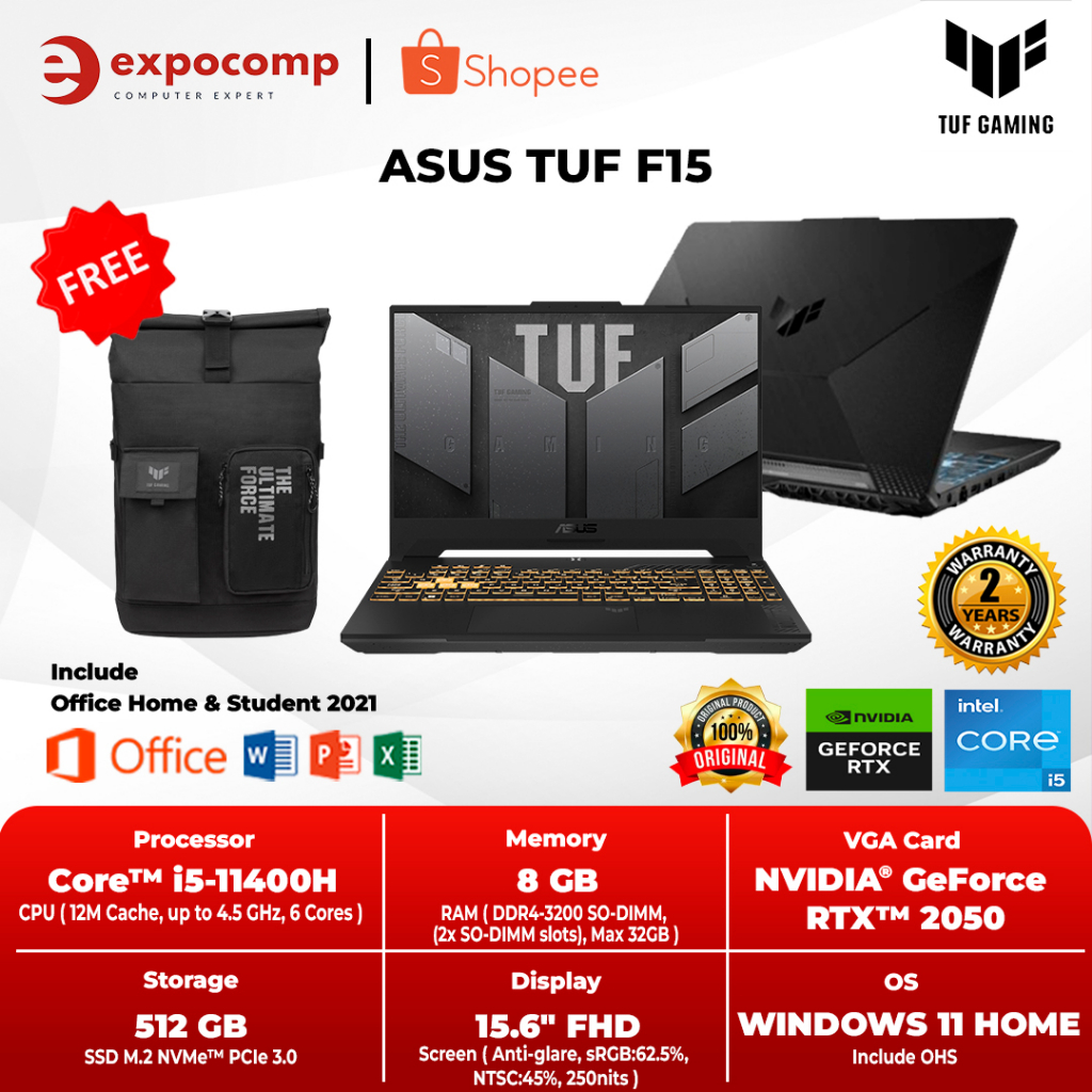 Jual ASUS TUF F15 FX506HF-I525B6T-O BLACK CORE i5-11400H RTX2050 8GB 512GB W11+OHS | Shopee ...