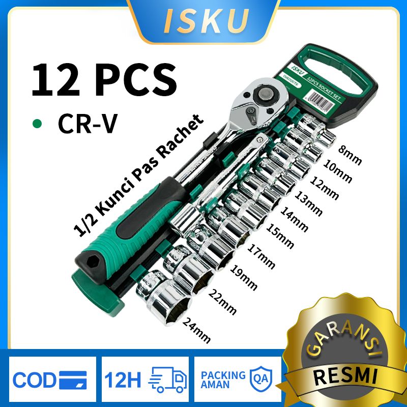Jual ISKU kunci socket ratchet 72gigi 12 pcs kunci pas ratchet 1/2 inch ...