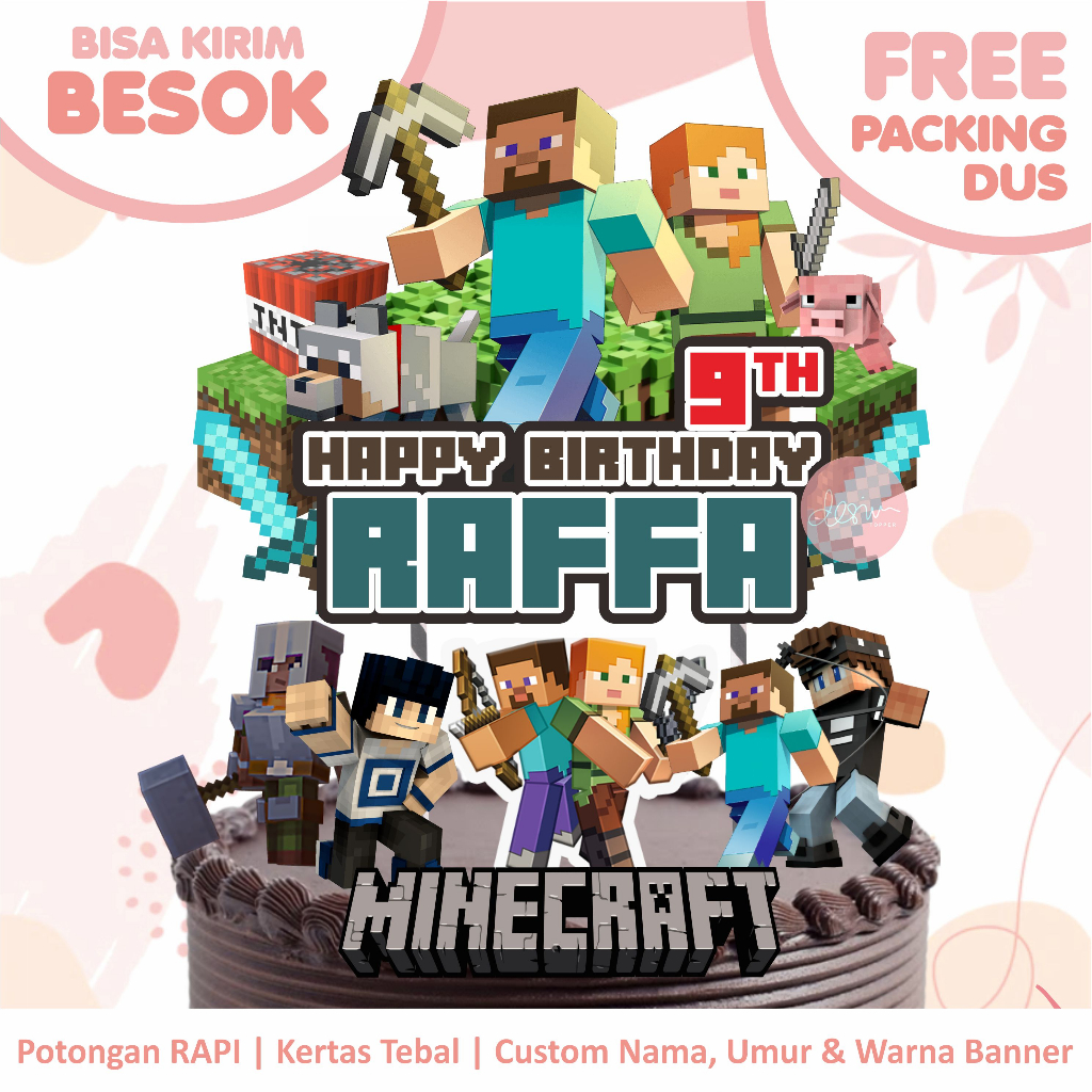 Jual Topper Cake Minecraft (Custom Nama & Umur) FREE PACKING DUS ...