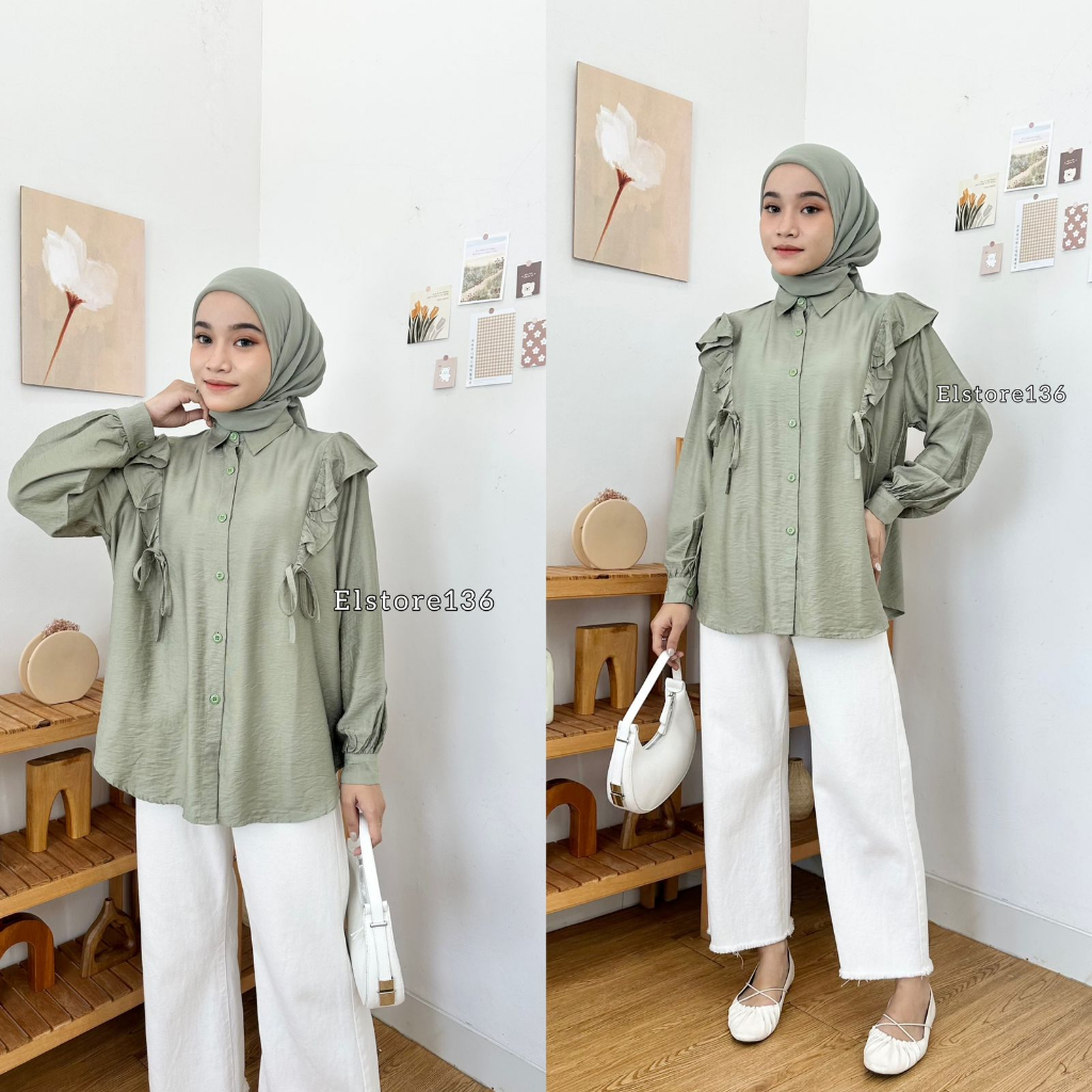 Jual Inara Blouse Bahan Polo Linen Atasan Wanita Full Kancing Ruffle ...