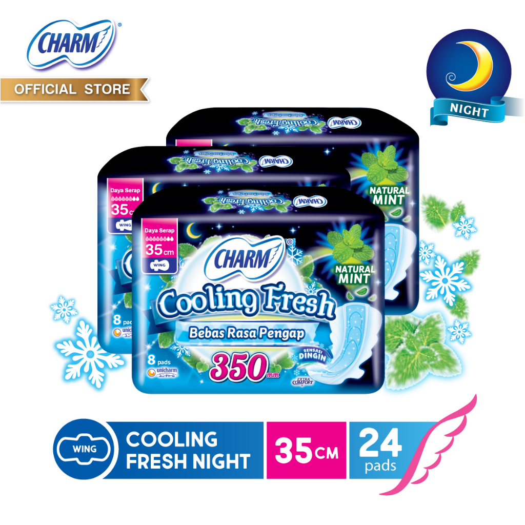 Jual Charm Pembalut Cooling Fresh Night 35cm 8 pads - 3 Packs | Shopee ...