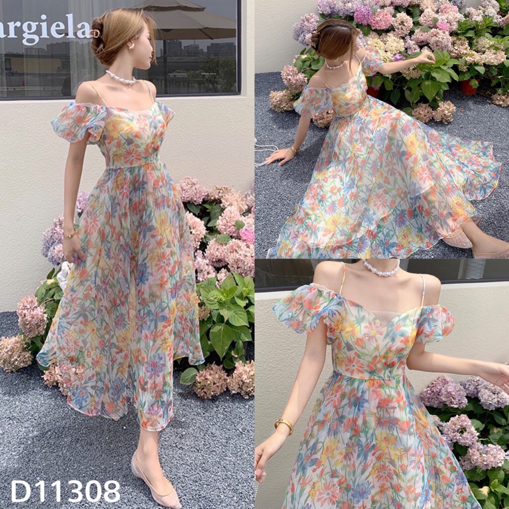 Jual D11308 Festive Sabrina Flower Long Dress | Shopee Indonesia