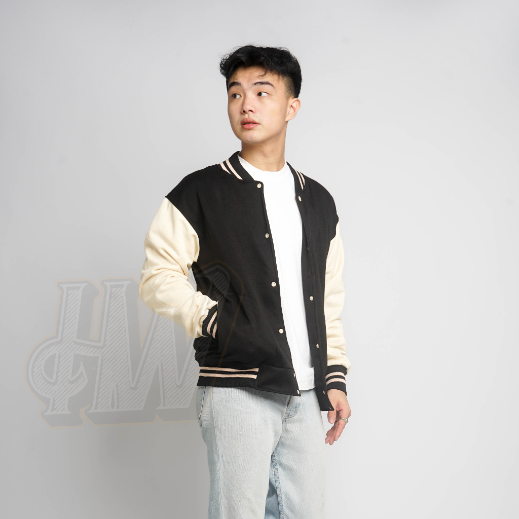 Jual Jaket Basebal Varsity Kancing Coklat Tangan Cream Polos Pria dan ...
