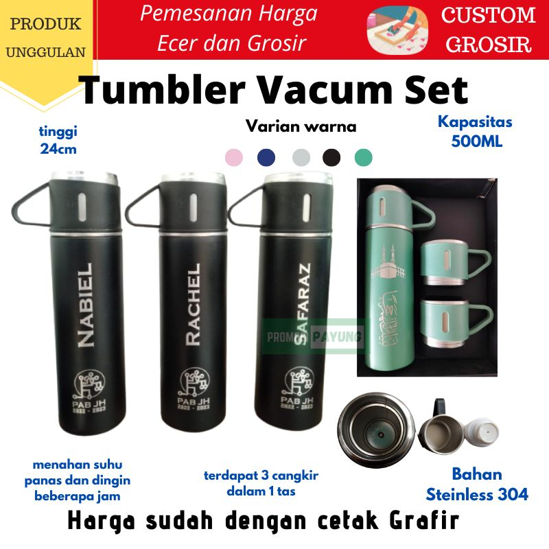 Jual [ TUMBLER CUSTOM ECERAN GROSIR ] Tumbler Vacum Set 500ml dengan 3 gelas + grafir cetak Nama ...