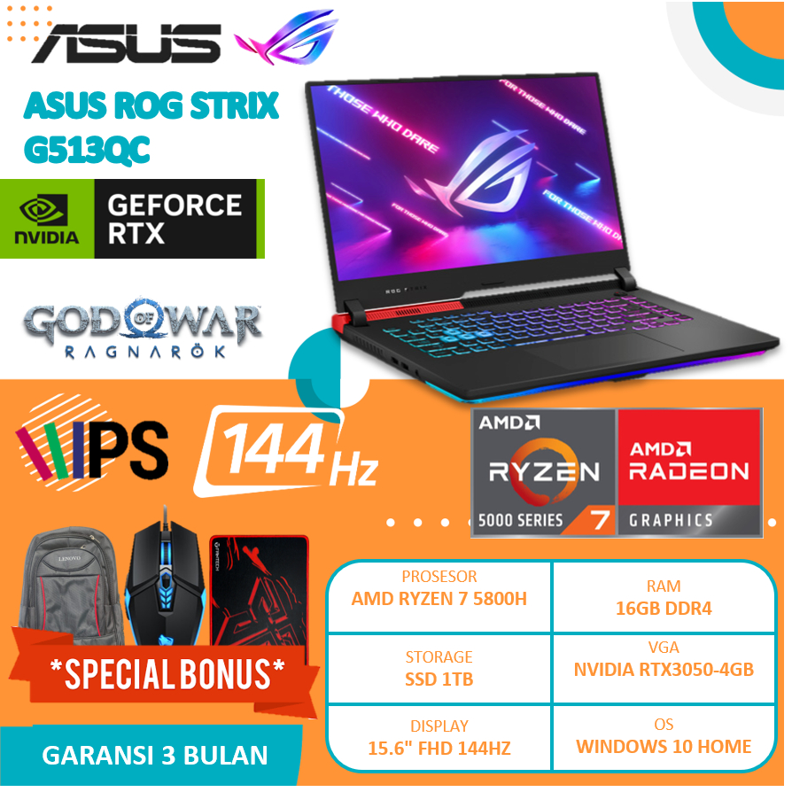 Jual Laptop Gaming Asus ROG STRIX G15 G513QC Ryzen 7 5800H Rtx 3050 4GB ...