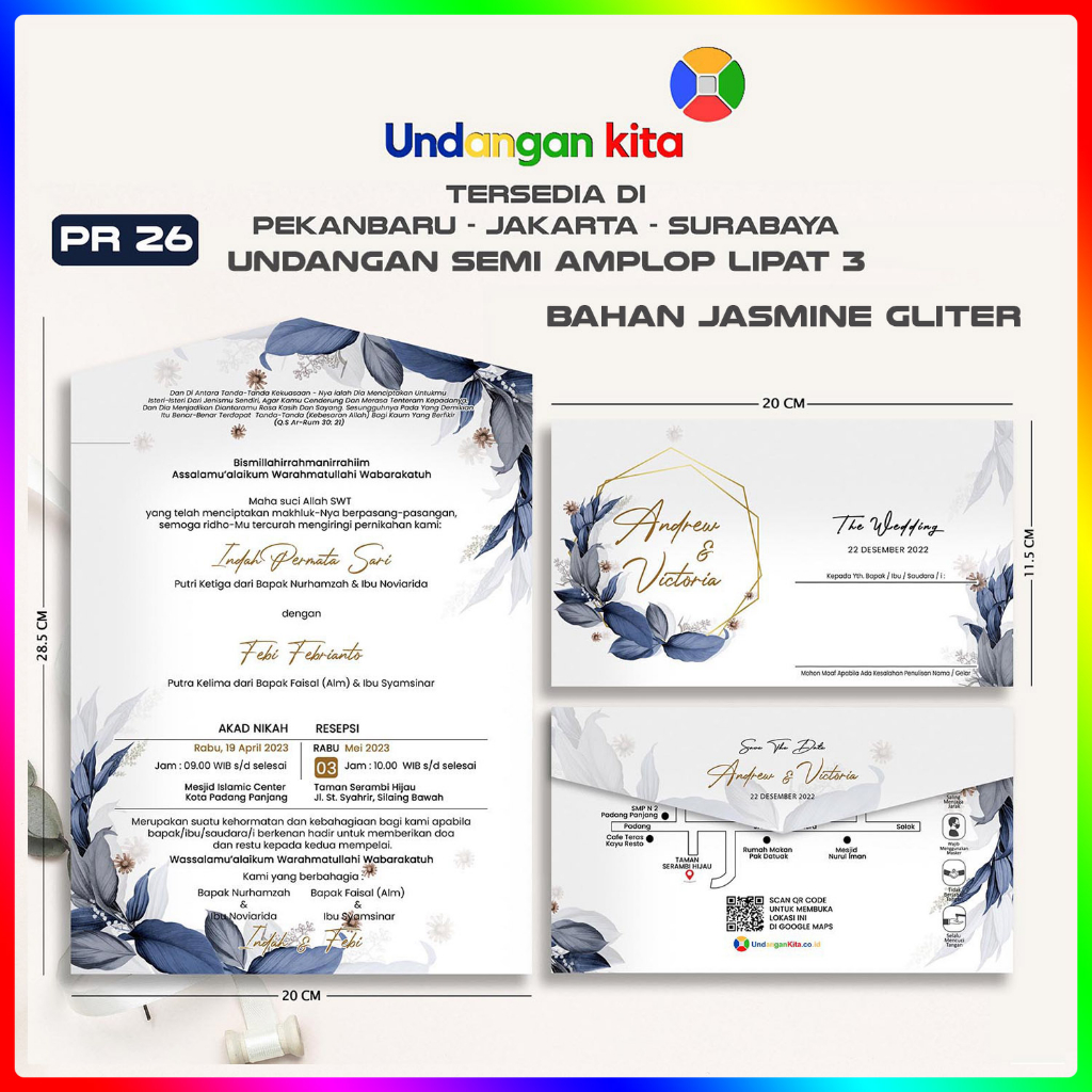 Jual Undangan Pernikahan Jasmine Gliter Bentuk Semi Amplop Elegan ...