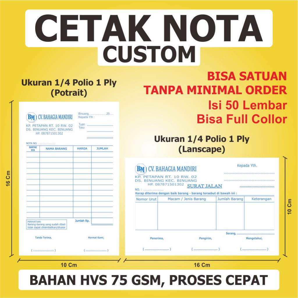 Jual Nota Custom 1/4 Folio 1 PLY Bahan HVS 75 Gsm Murah / Nota Satuan / Nota Kontan / Ukuran ...