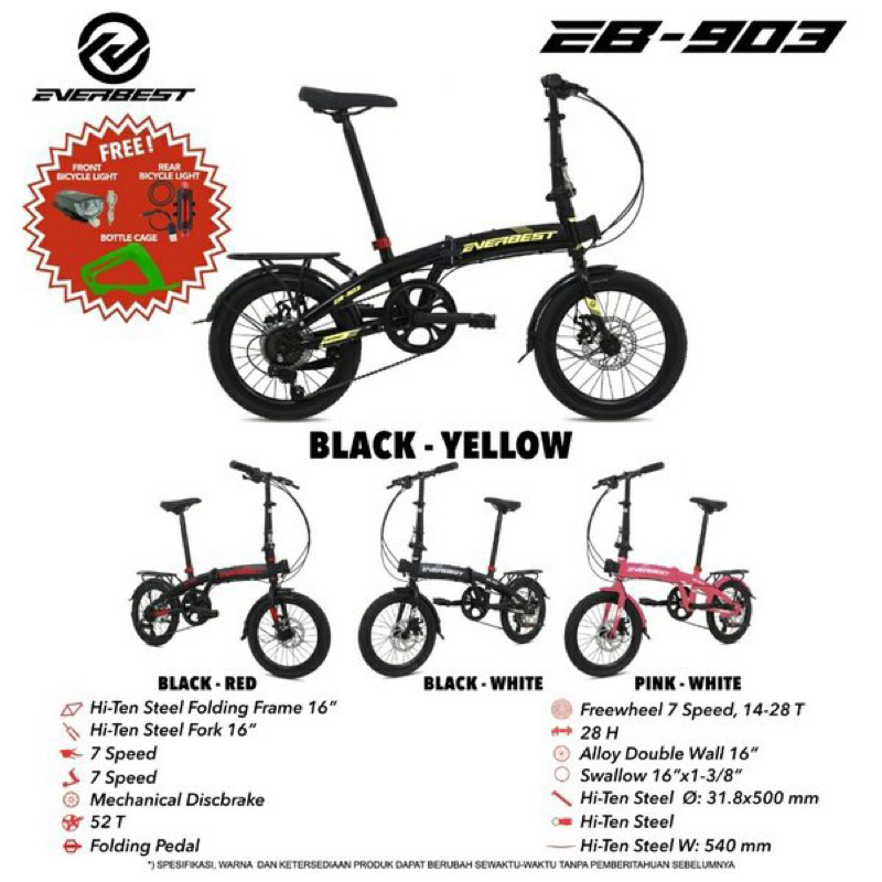 Jual Sepeda Lipat Folding Bike 16 Everbest 903 7 Speed Discbrake Free Bonus | Shopee Indonesia