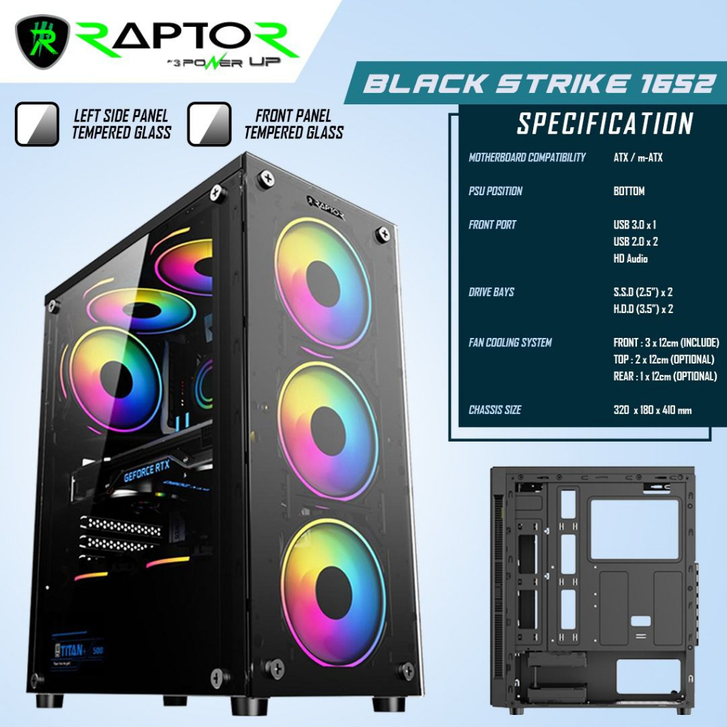 Jual casing PC gaming Power Up Raptor Black Strike 1652 include 3 fan ...