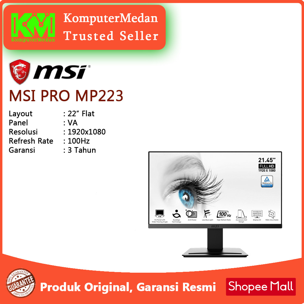 Jual LED MONITOR MSI PRO MP223 (22"/FHD/VA/100hz/1ms/Frameless/HDMI/VGA ...