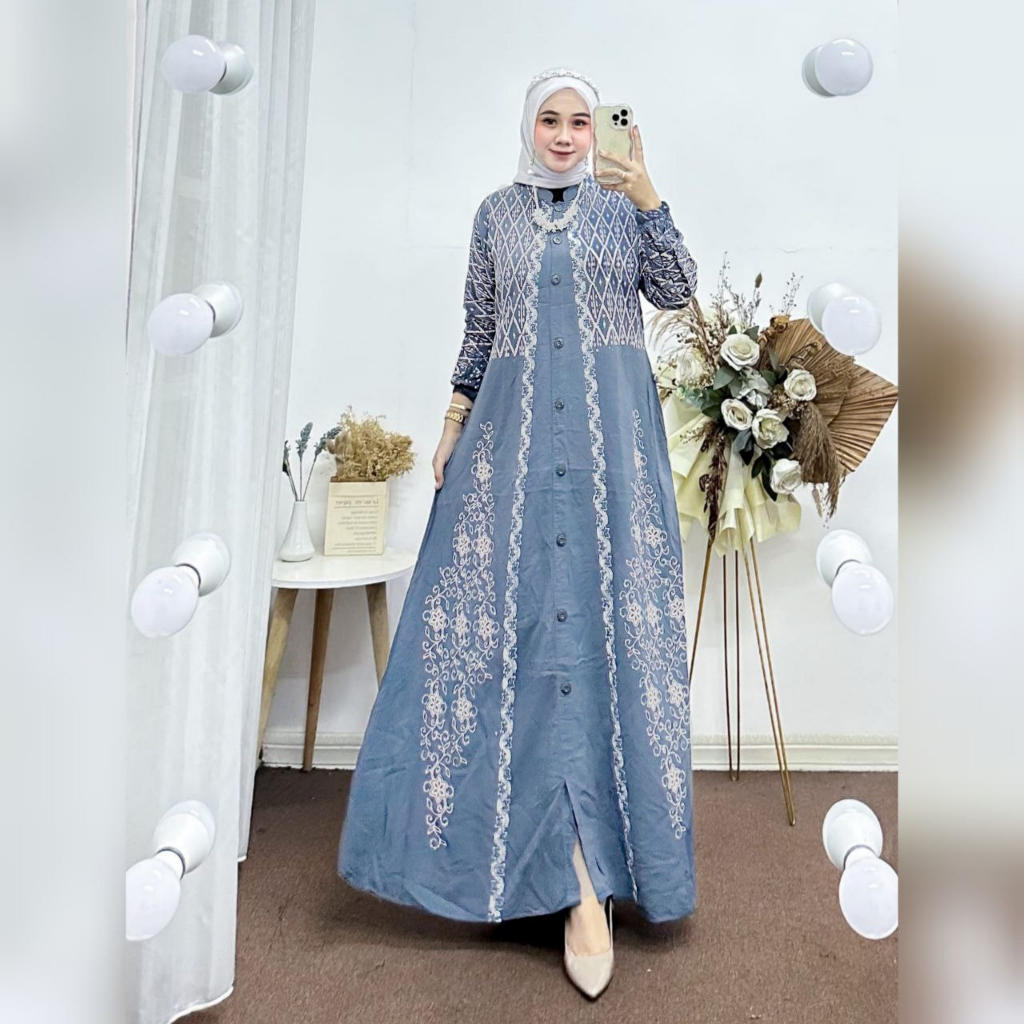 Jual Gamis Rayon Premium Busui Friendly Kancing Depan Warna Abu Denim | Shopee Indonesia