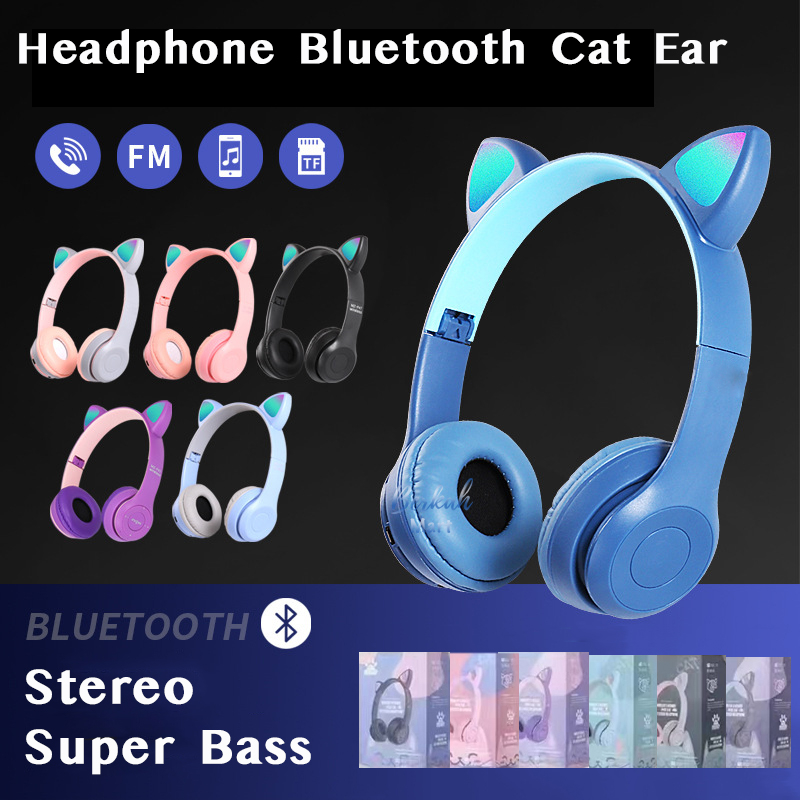 Jual BASS KENCENGGG! Headphone Bluetooth Cat Ear LED Light Telinga ...