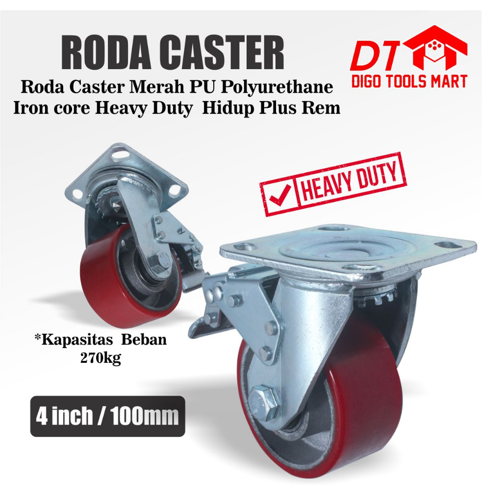 Jual Roda Caster Merah 4inci Plus Rem PU Polyurethane Iron core Heavy ...