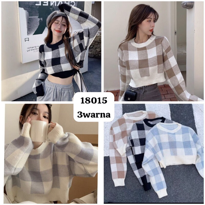 Jual crop sweater rajut knit kotak kotak checker | Shopee Indonesia