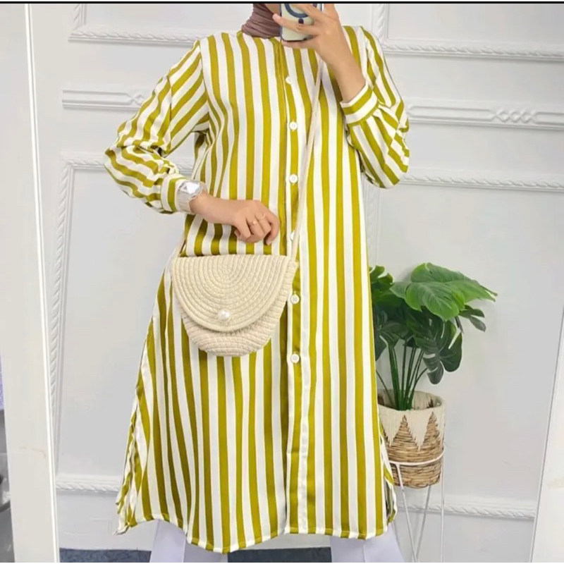 Jual Long Tunik Kancing Tunik Salur Shakila Tunik Garis Stripe | Shopee ...