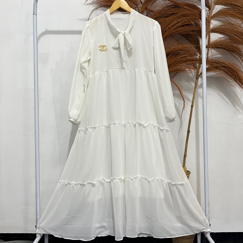 Jual Gamis Ceruty Babydoll Tali Kerah Gamis putih Polos | Shopee Indonesia