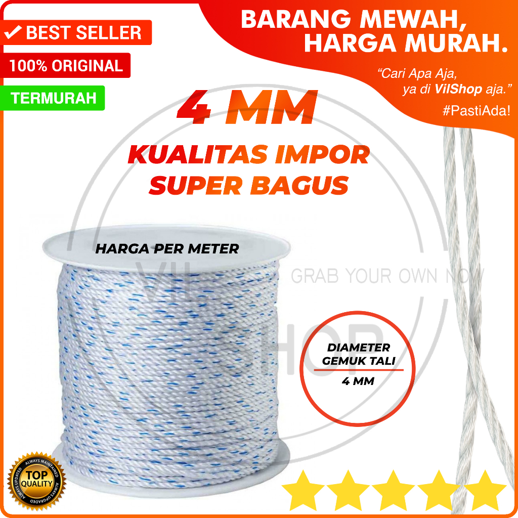 Jual TALI PUTIH 4 MM KUALITAS BAGUS IMPORT PER METER / PP PE NYLON ...