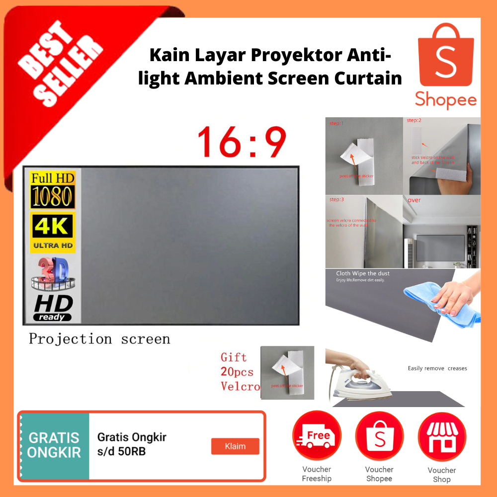 Jual Kain Layar Proyektor Anti-light Ambient Screen Curtain 100Inch ...