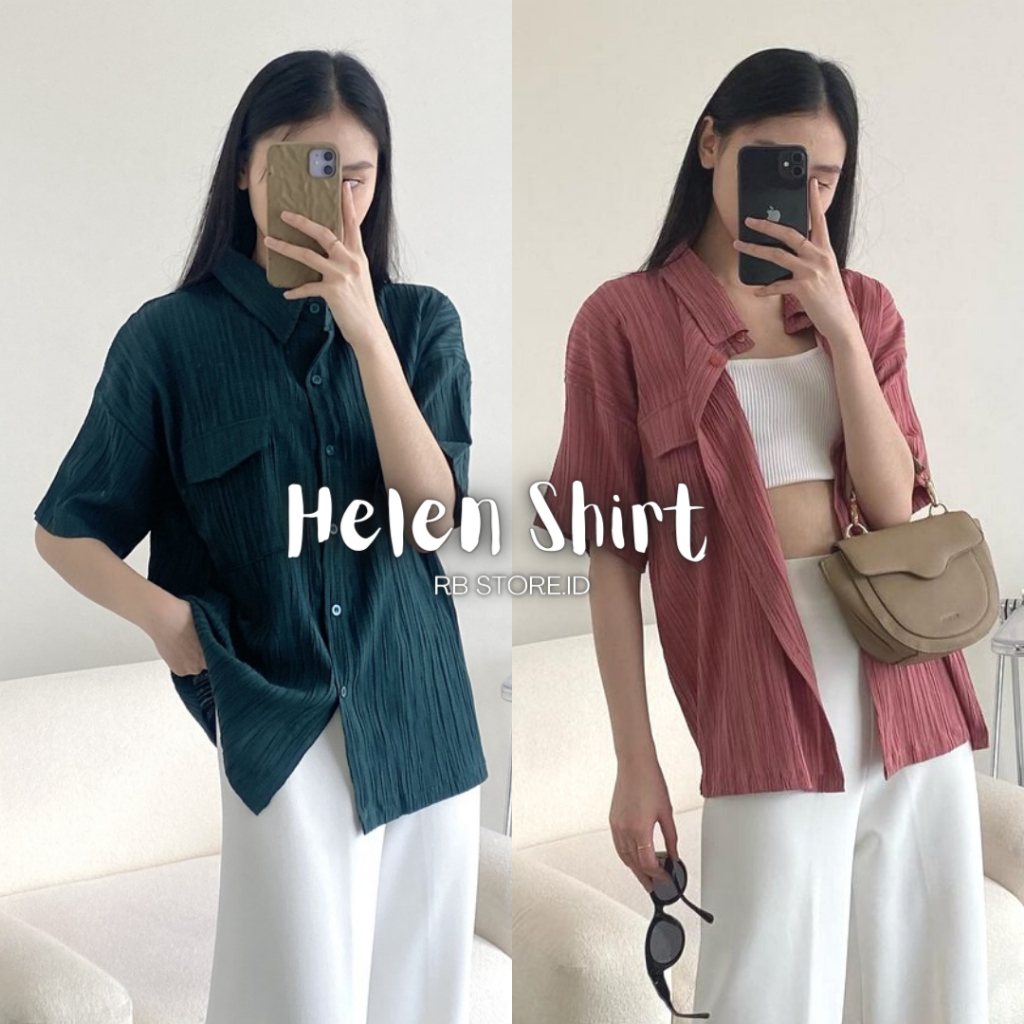 Jual Kemeja Wanita Helen Shirt Basic Lengan Pendek Lady Crush | Shopee ...