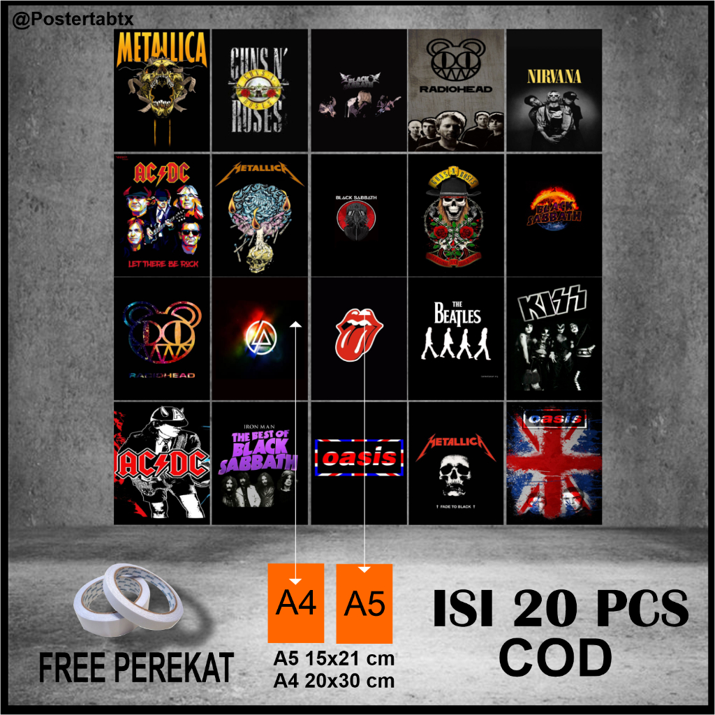 Jual POSTER HIASAN DINDING TEMA BAND ROCK METAL UKURAN A4-A5 ISI 20 PCS ...