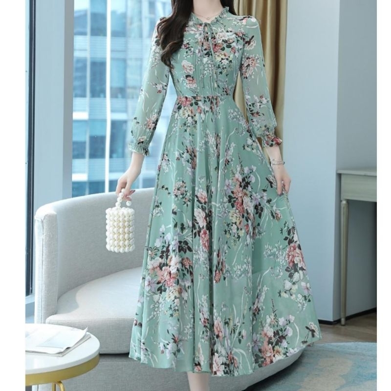 Jual 97720 Baju Mididress MERINDA FLORAL MIDI DRESS bunga hijau pink ...