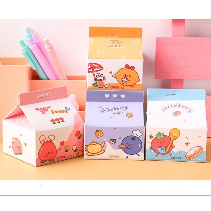 Jual memopaper milk box berbentuk kotak susu dengan desain kartun buah ...