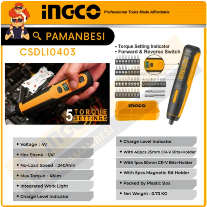Jual MESIN OBENG CORDLESS INGCO 4V 1/4" 240/MIN CSDLI0403 | Shopee ...