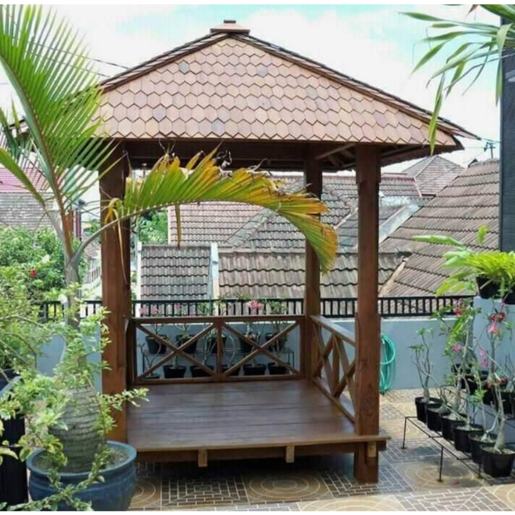 Jual Gasebo Kayu Jati Model Minimalis Pagar Silang Tiang Persegi Atap ...