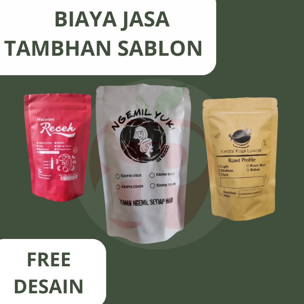 Jual [100 PCS ] JASA BIAYA TAMBHAN SABLON STANDING POUCH/SACHET/PLASTIK ...