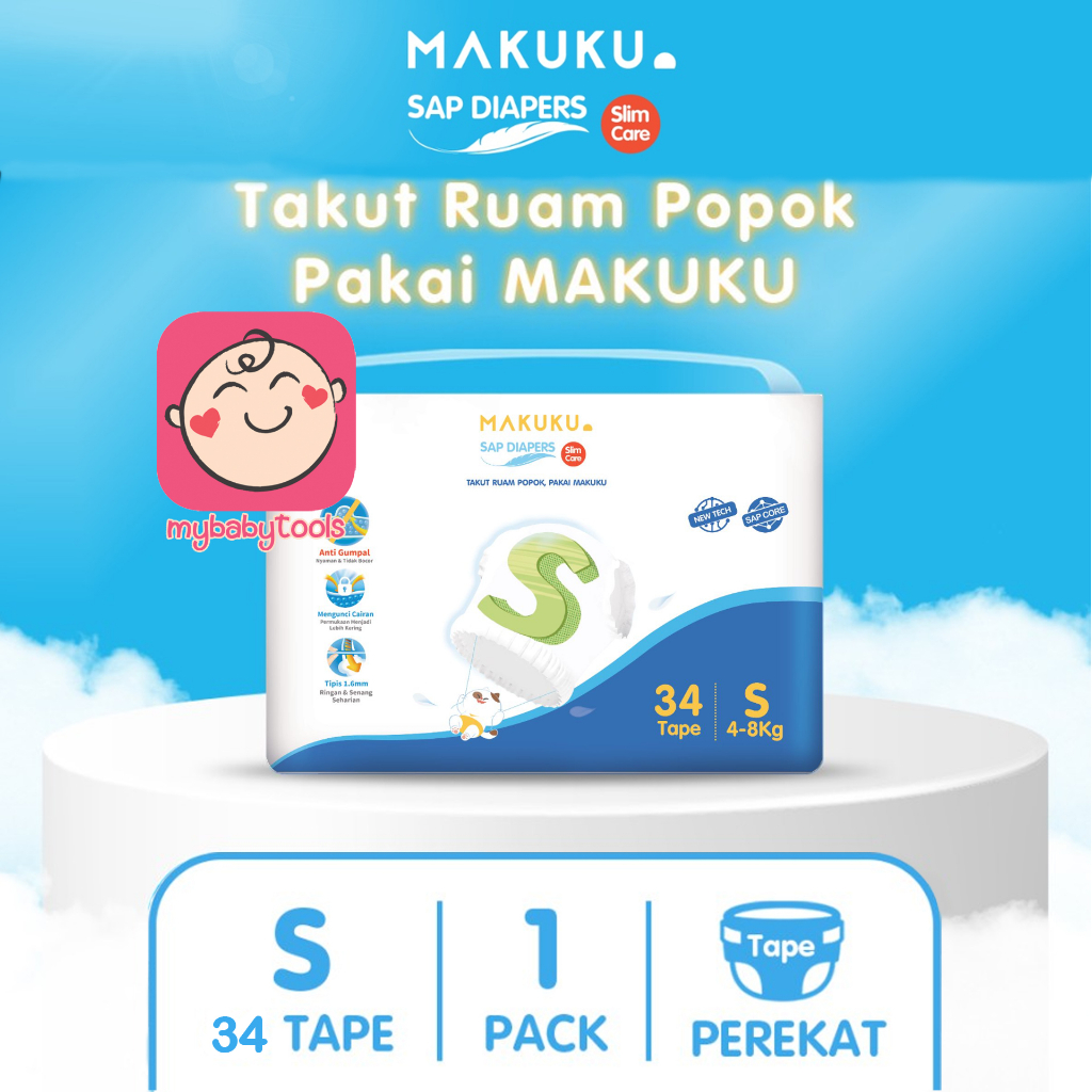 Jual MAKUKU SAP DIAPERS SLIM CARE TAPE NB36 S34 PANTS M32 L30 XL28 XXL26 | Shopee Indonesia