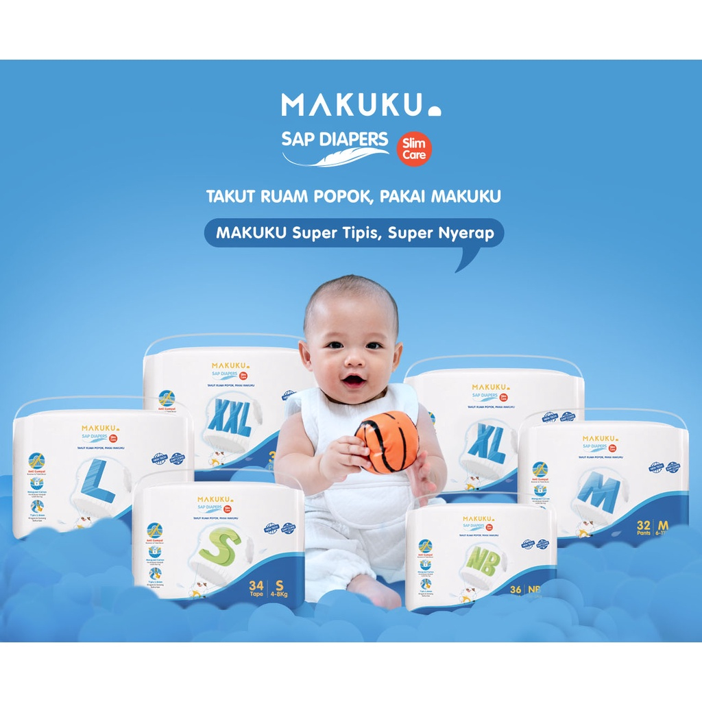 Jual MAKUKU SAP Diapers Slim Care Pants M/L/XL/XXl Popok Bayi Tipis Extra Dry | Shopee Indonesia