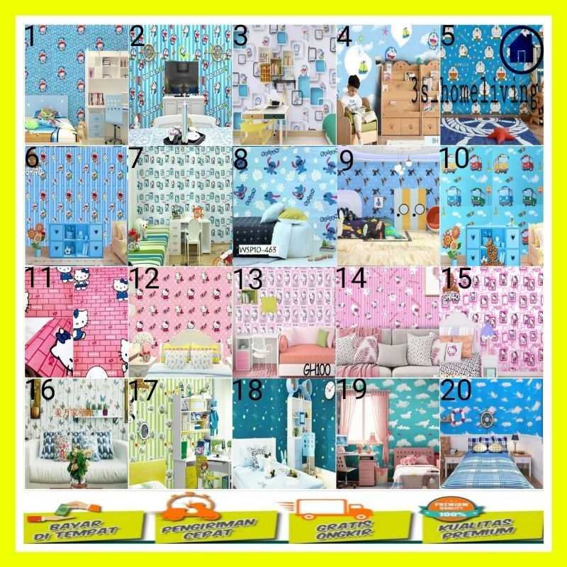 Jual Wallpaper Dinding Karakter Ukuran 45 cm x 10 Meter Karakter Doraemon Hello kitty Tayo Awan ...