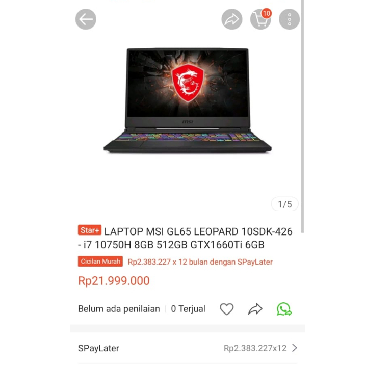 Jual Laptop Gaming MSI GL65 Leopard 10SDK-426ID Core i7-10750H Ram 16 ...