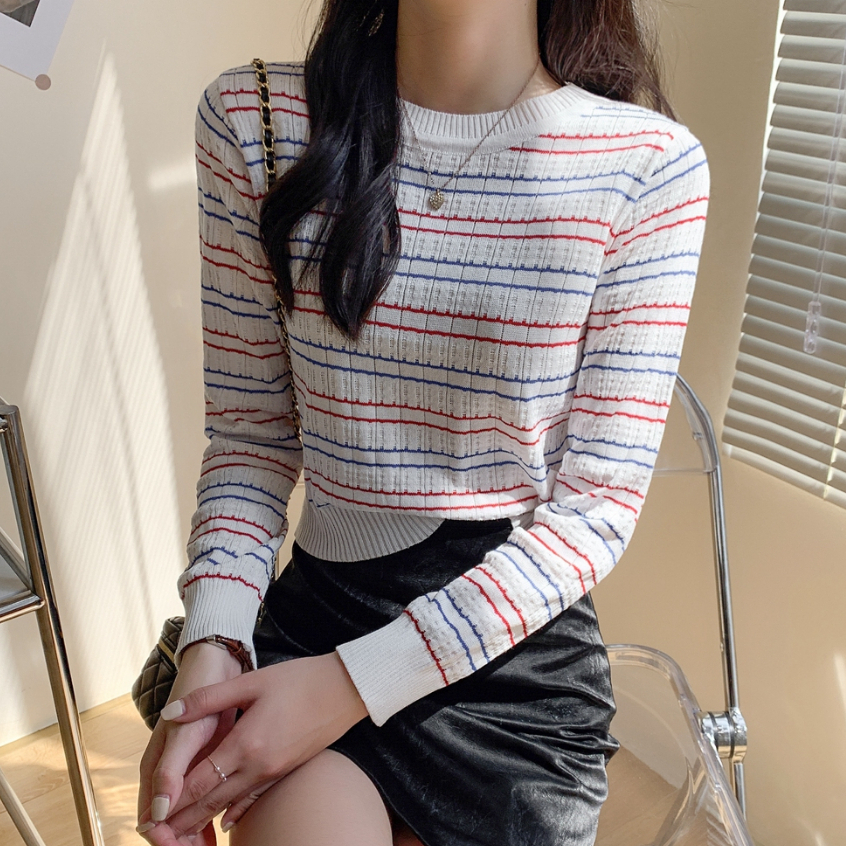 Jual The Monseur Gallery Kaos Rajut Lengan Pendek Wanita Striped T-shirt Korean Style | Shopee ...