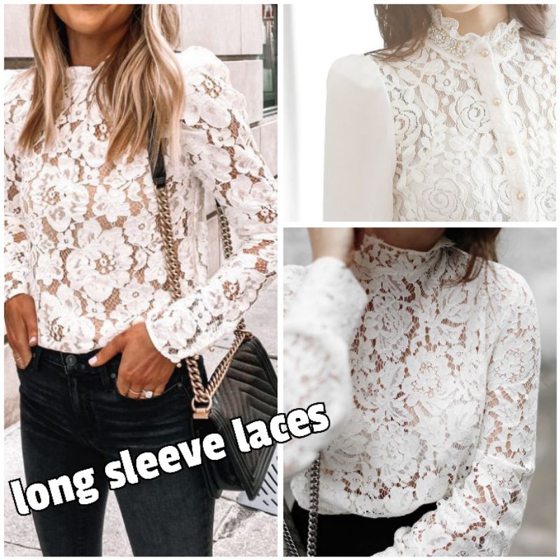 Jual blouse brukat lace putih lengan panjang PL | Shopee Indonesia