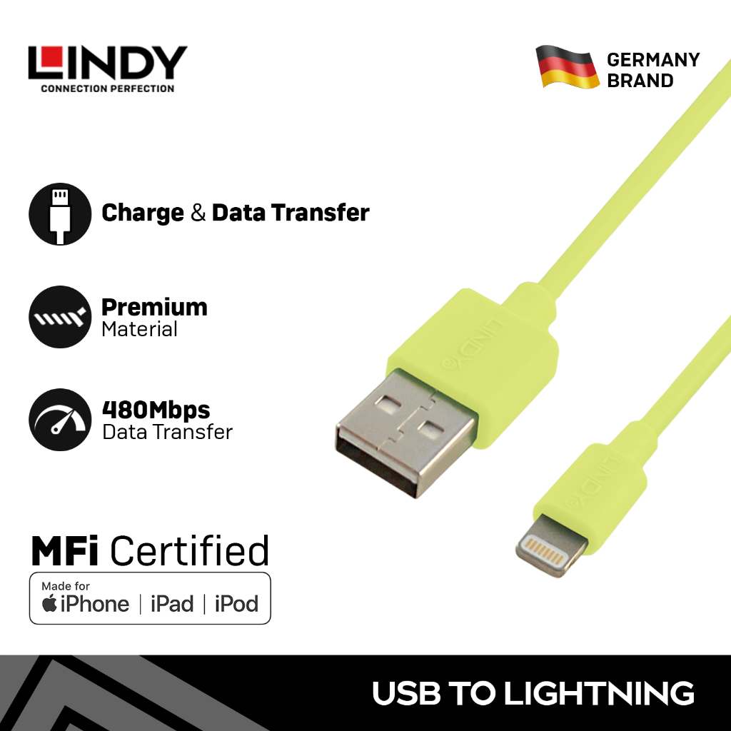 Jual LINDY 92026 1M Kabel iPhone USB to Lightning MFi Cable Yellow ...