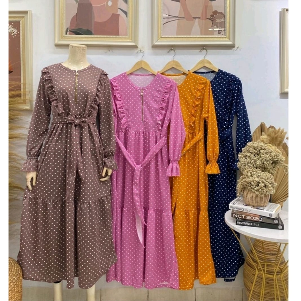 Jual Gamis busui ruffle rempel motif polkadot tali pinggang bahan voxy ...