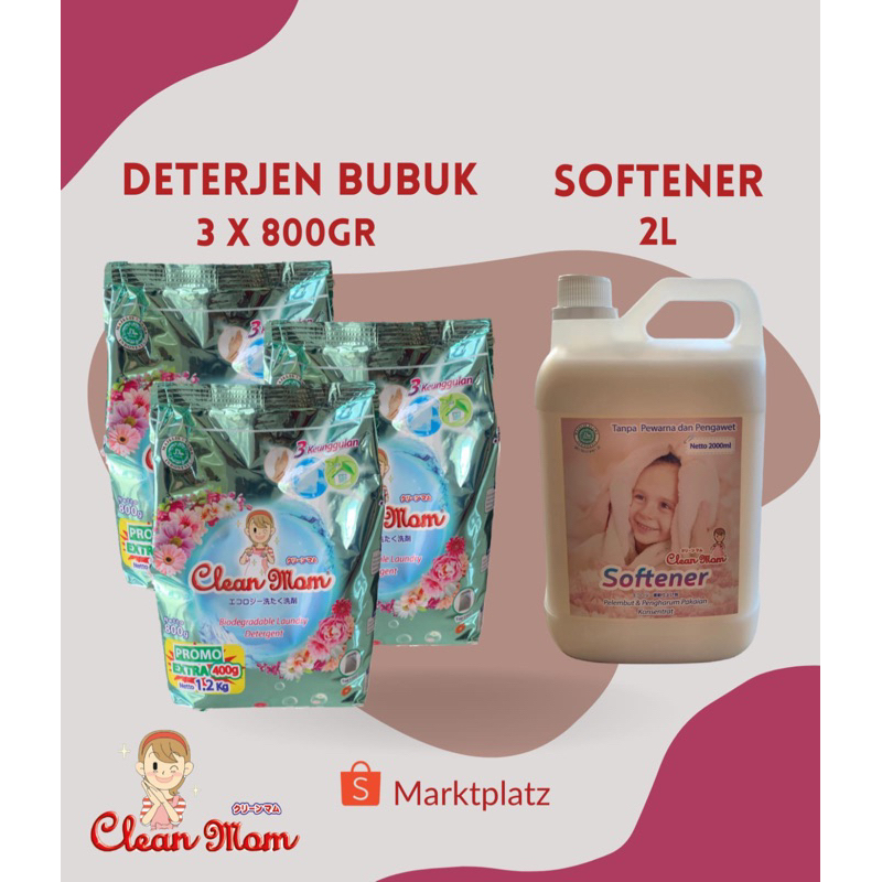 Jual Clean Mom Paket 3 pak deterjen bubuk 1,2 kg & 1 jer softner 2 ...
