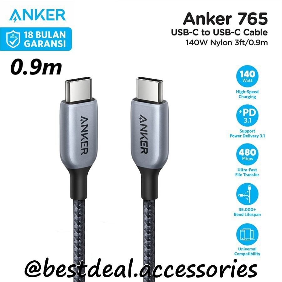 Jual Anker 765 Kabel Data Cable USB-C to USB-C 140W PD SFC 3FT 0.9M ...